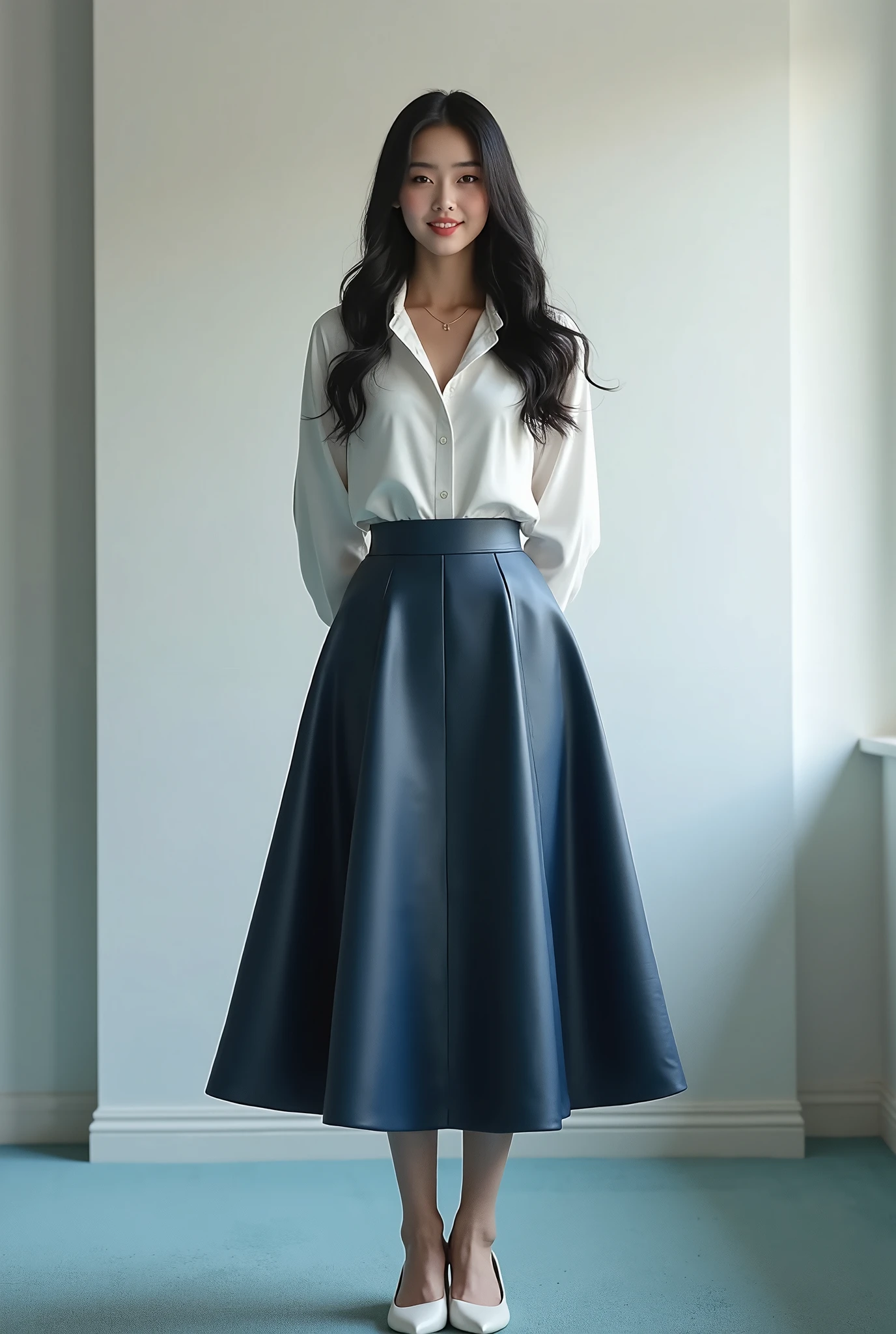 Arafed woman in a white shirt and blue skirt posing for a picture - SeaArt AI