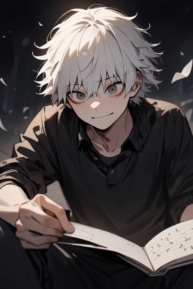 1 boy, male focus , kaneki ken, Tokyo ghoul, happy, holding um caderno ...
