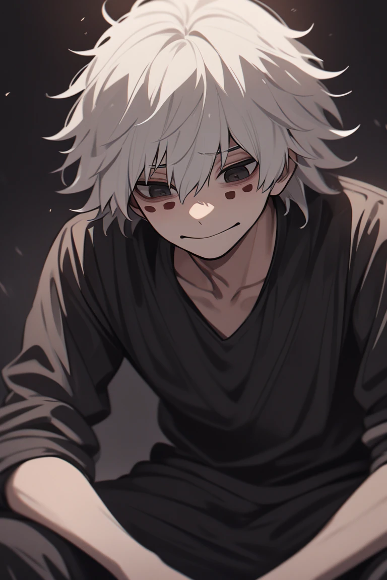 1 boy, male focus , kaneki ken, tokyo ghoul, Happy, sitting - SeaArt AI
