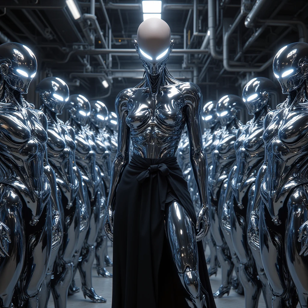Naked Woman with Eyes of White Light, Shiny Chrome Skin, Bald Chrome ...