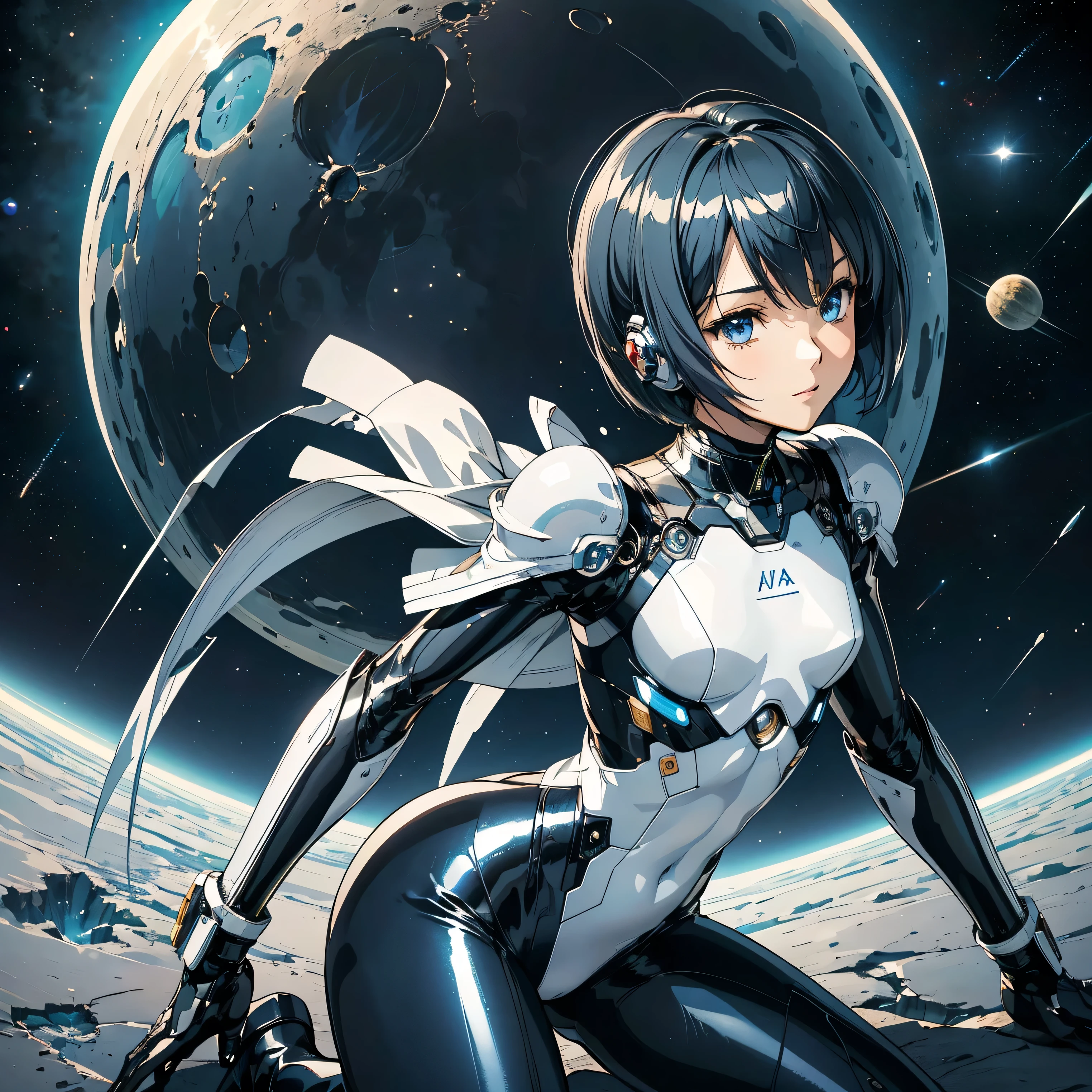 Anime girl in futuristic outfit sitting on a rock with a planet in the ...