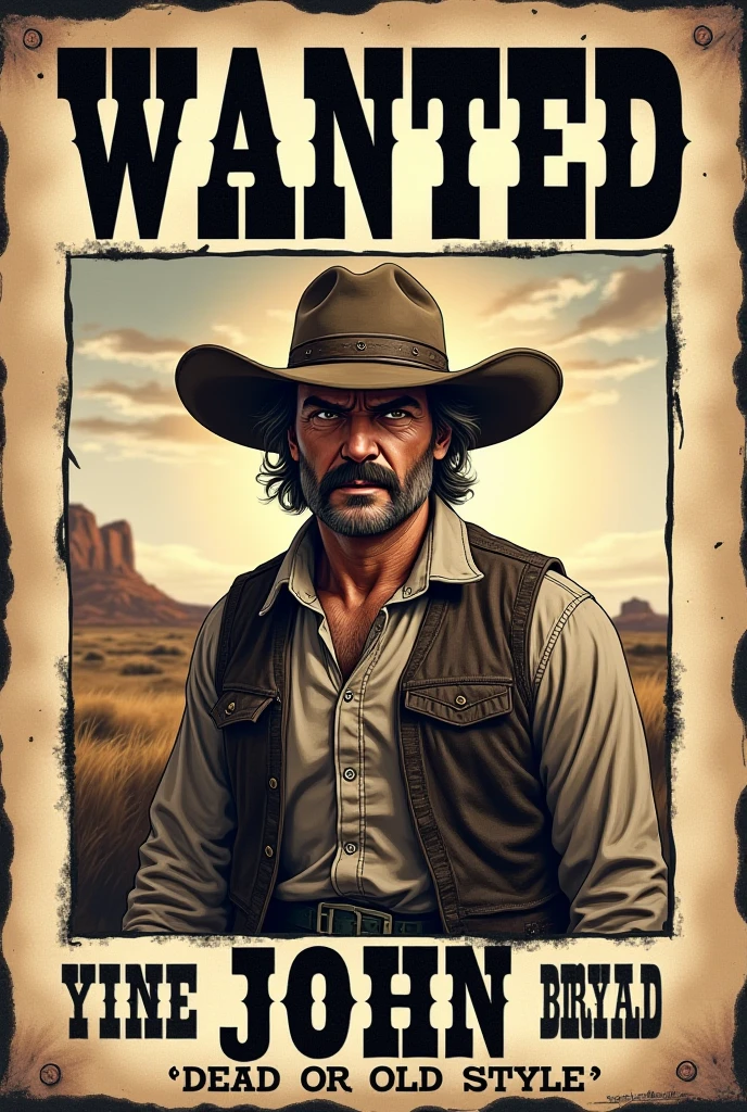 Generate a wanted poster of a cowboy called john and reward down the ...