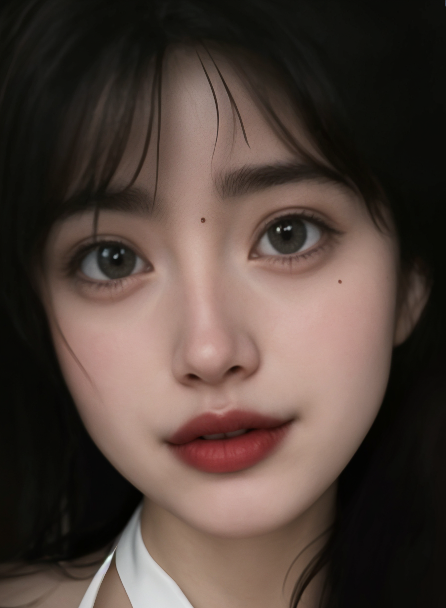 A close up of a woman with a white top and a red lipstick - SeaArt AI