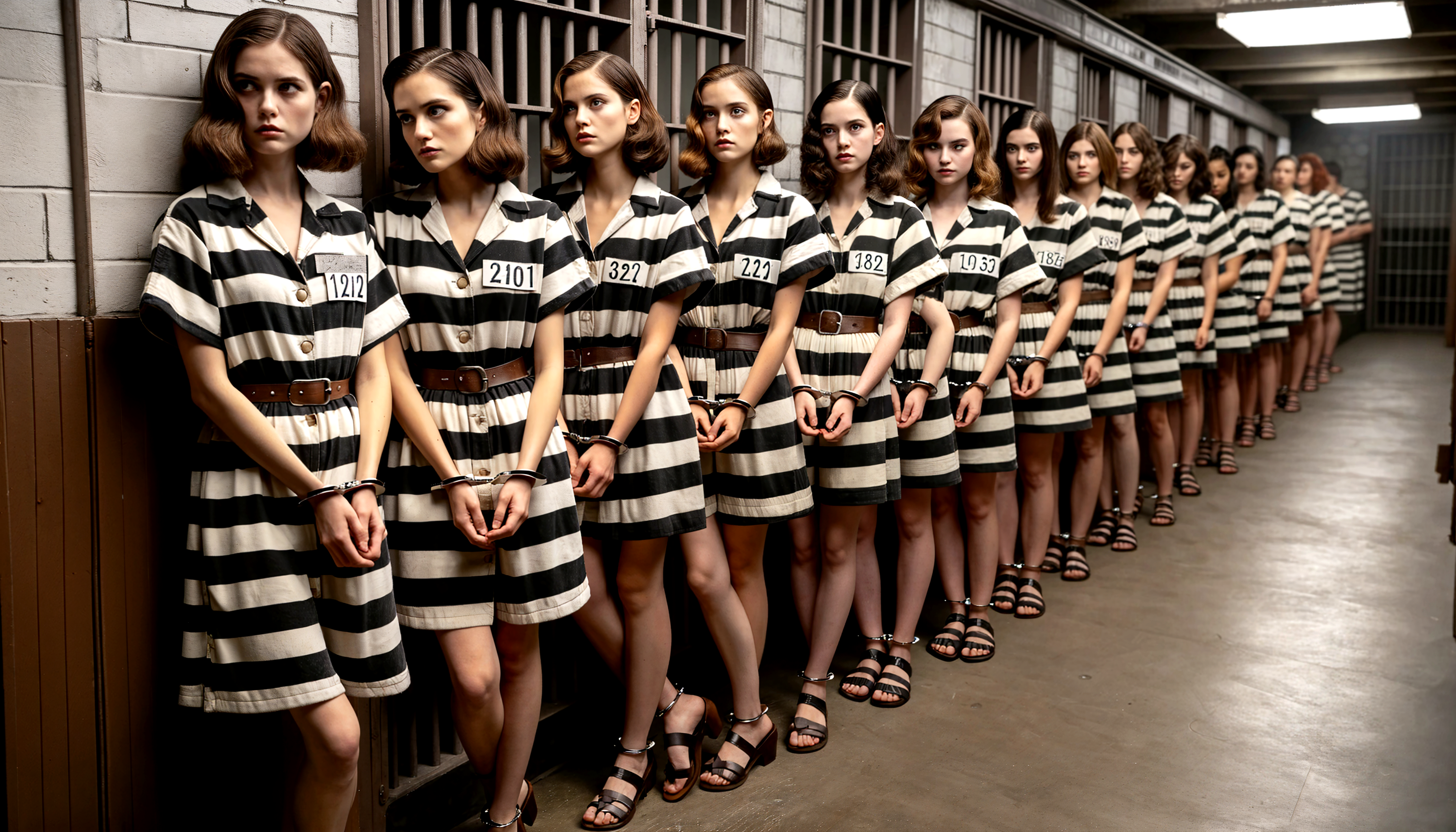 Arafed women in striped dresses standing in a line in a jail cell ...