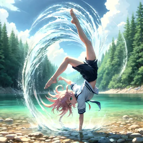 Anime girl doing a handstand in a river with a big wave - SeaArt AI
