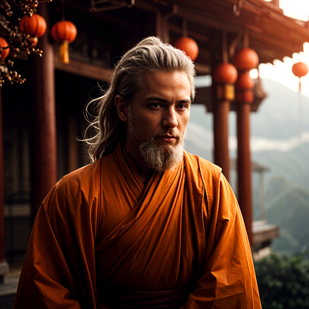 Arafed man with long hair and a beard in a buddhist temple - SeaArt AI