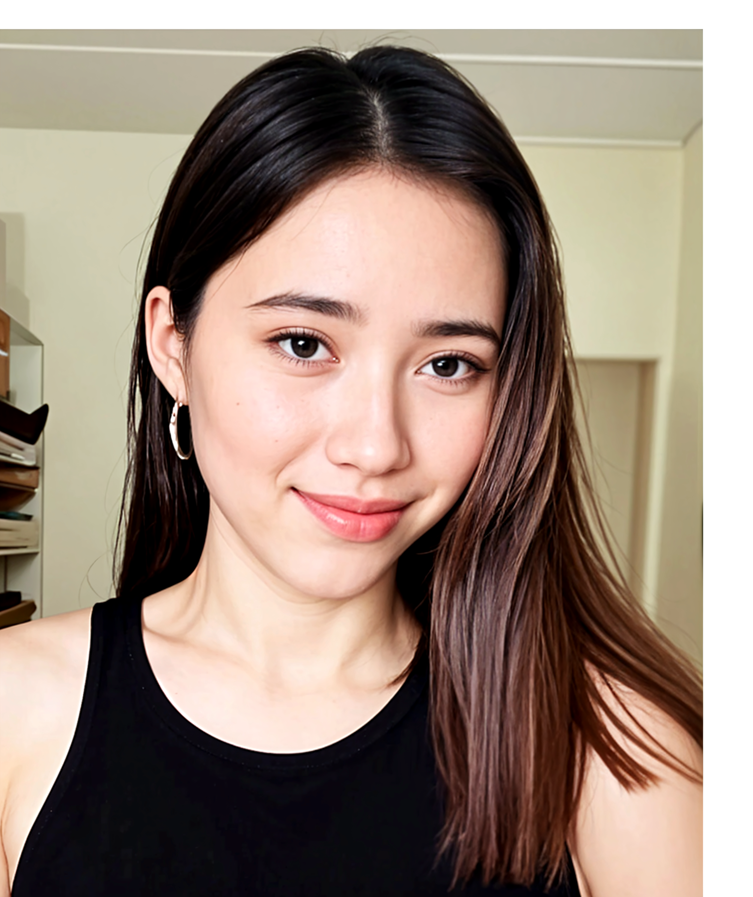 There is a woman with long hair and a black top - SeaArt AI