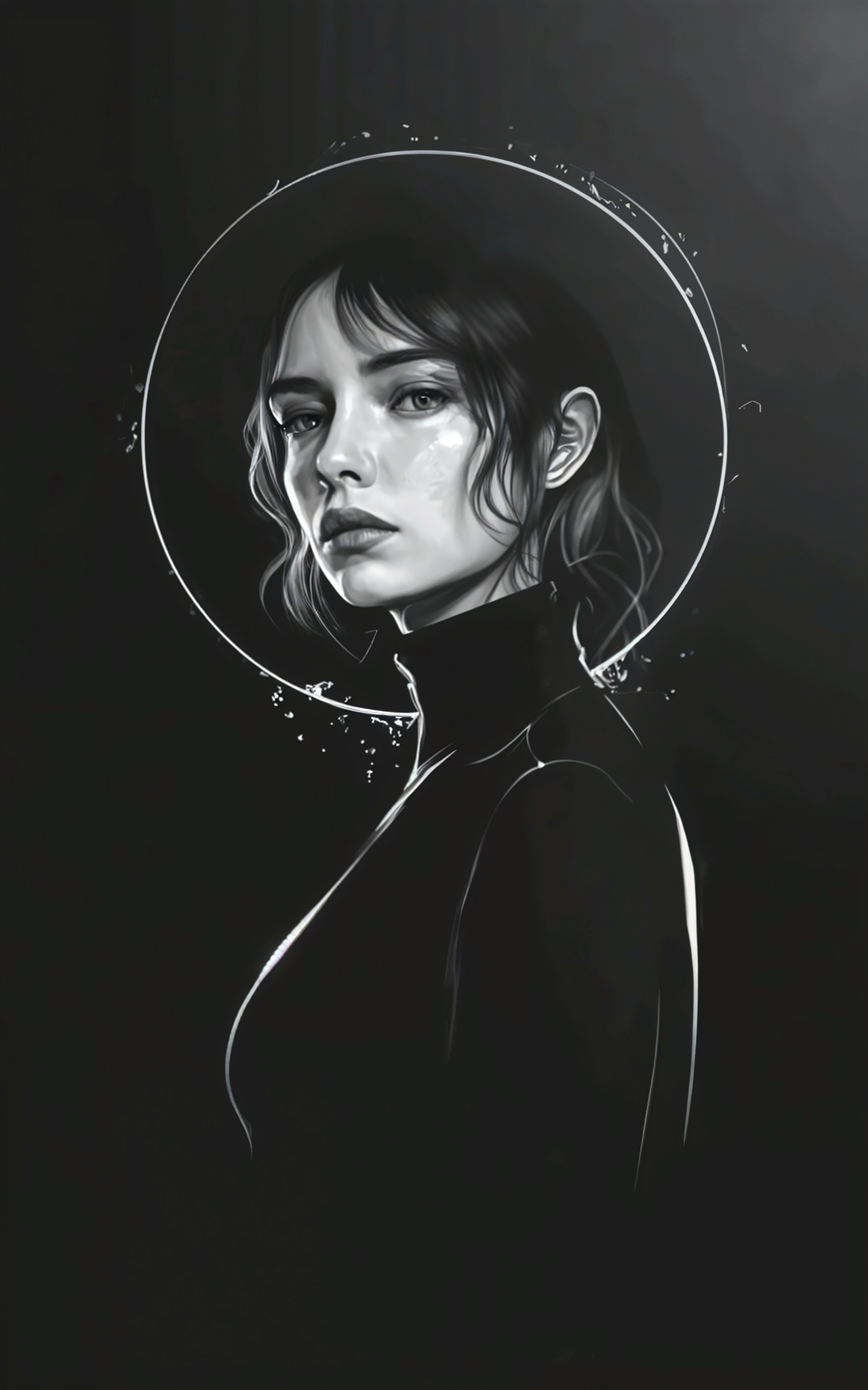 A black and white drawing of a woman wearing a hat - SeaArt AI