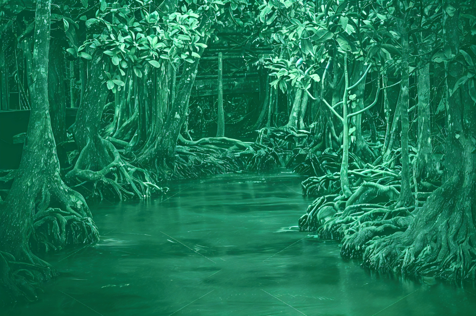 There is a green picture of a swamp with trees and water - SeaArt AI