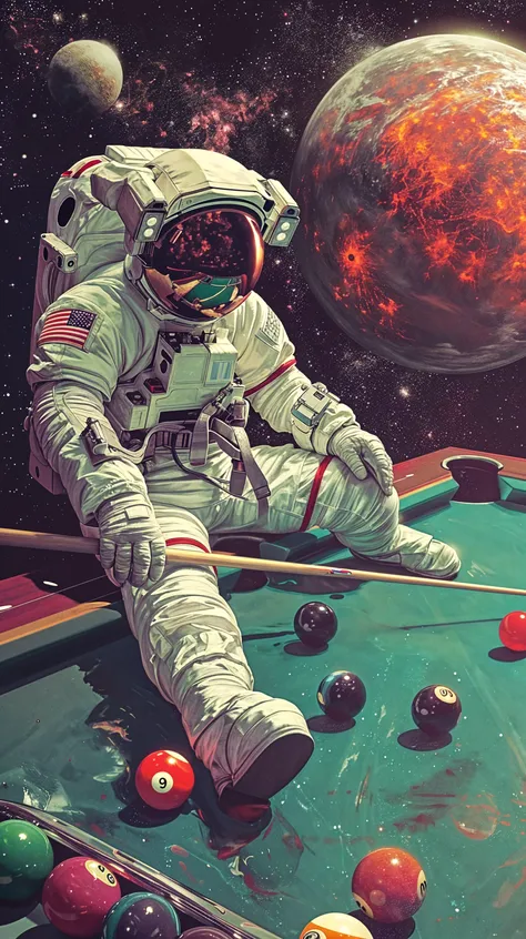 Astronaut in spacesuit playing pool with planets in background - SeaArt AI