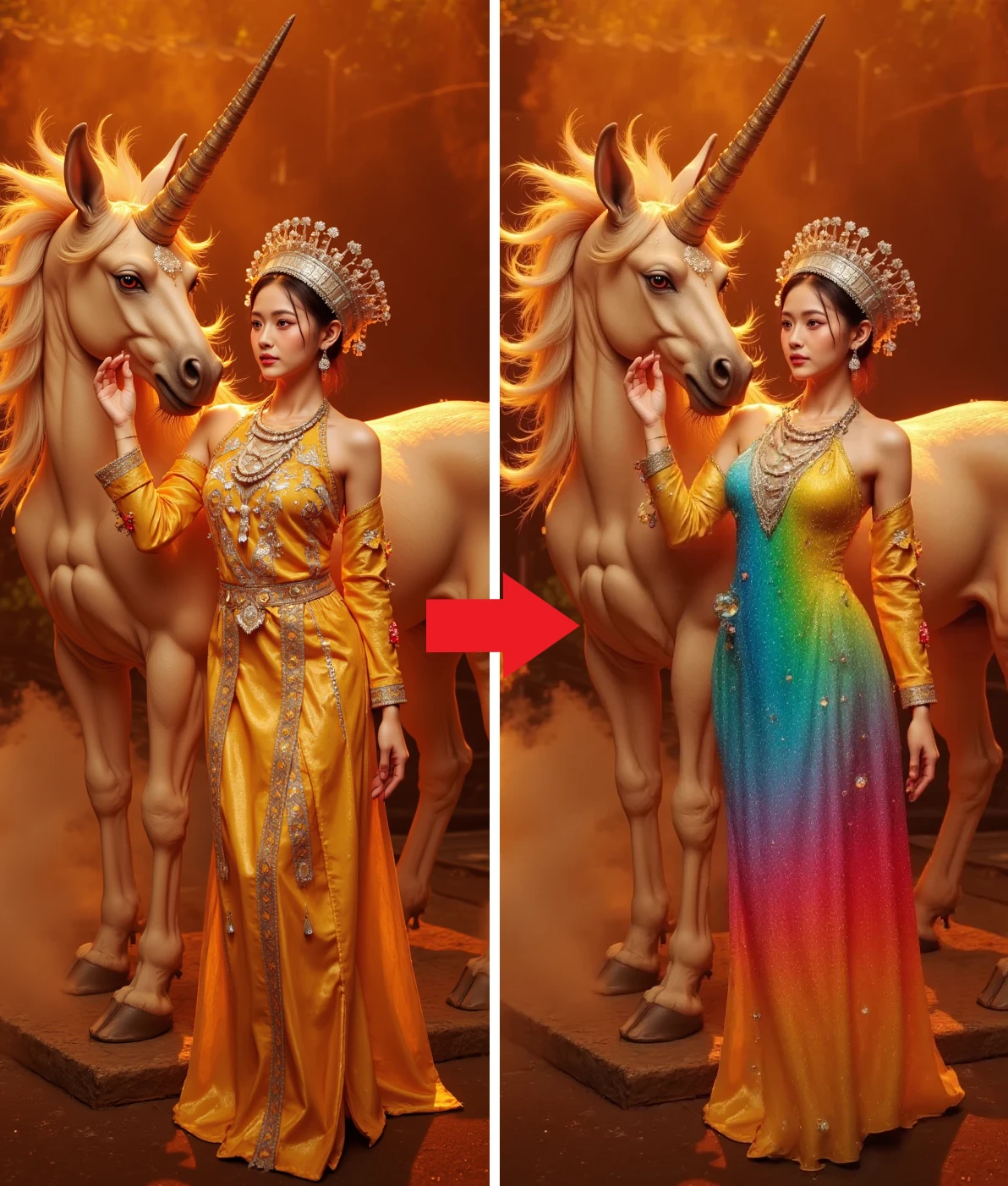 SeaArt AI | Transforming a Dress into a Rainbow: The Art of Light and Color