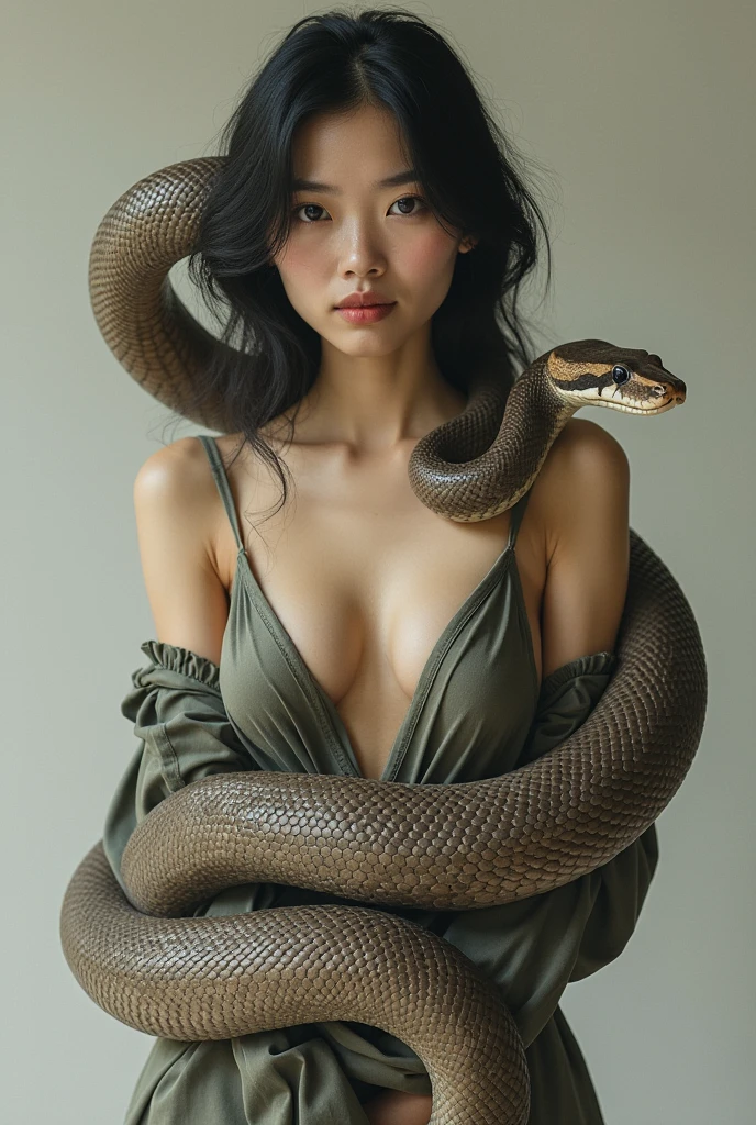 hyperreal、photograph、A python wrapped around a beautiful Japanese girl with big - SeaArt AI