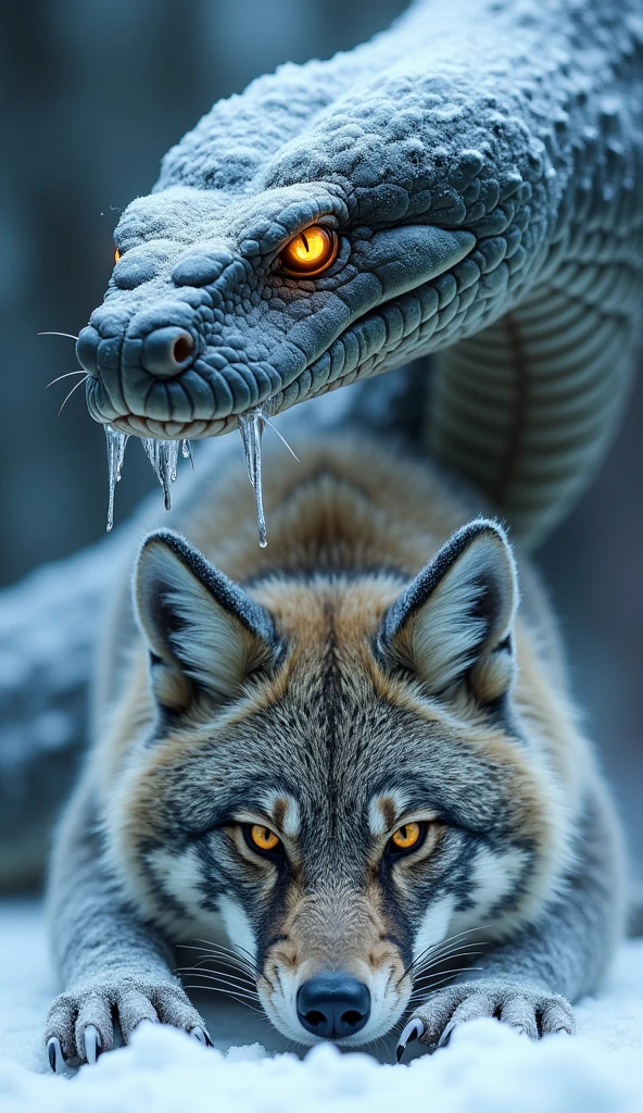 Split Image: Top: A massive cobra with icy scales, glowing yellow eyes ...