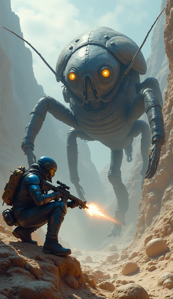 Vega crouches on a ridge, her cobalt-blue armor stained with dirt and ...