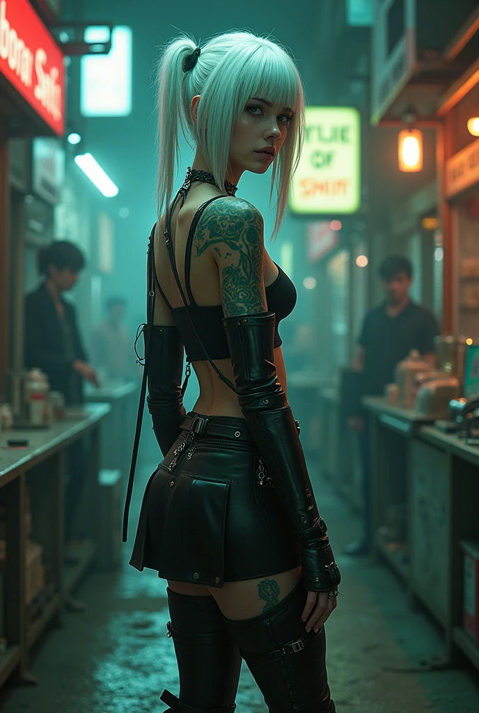 My character is in a cyberpunk world , she is in front of a human ...