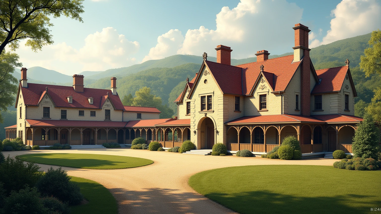 Photorealistic color photo representation of a stately riding stable in ...