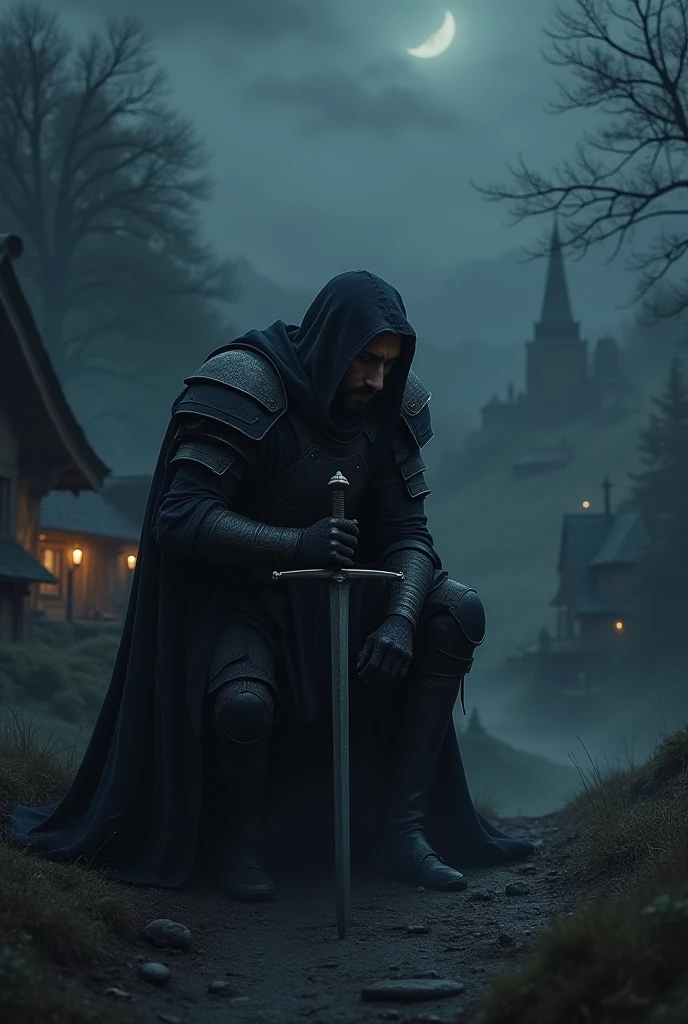 Black knight in wisdom land behind village with his sword impaled into ...