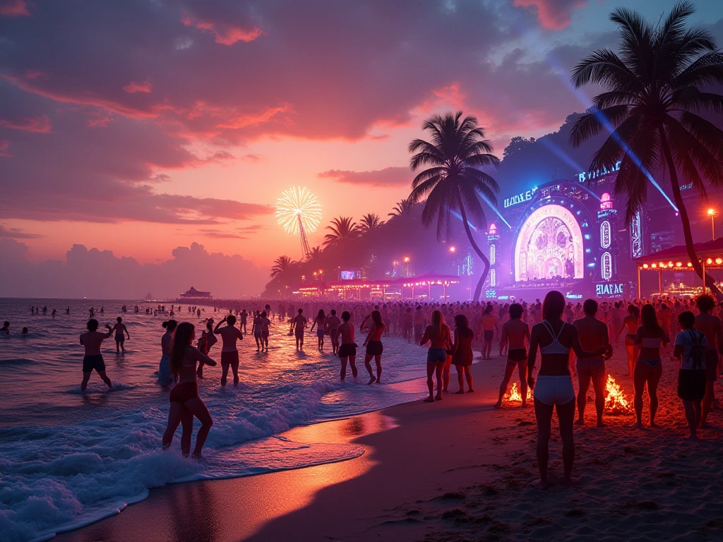 4K hyper-detailed beach rave festival at sunset, featuring a massive ...