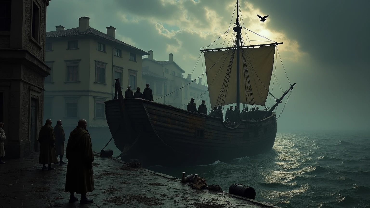 Description of the Image: "An Old Ship Docking at an Italian Port with ...