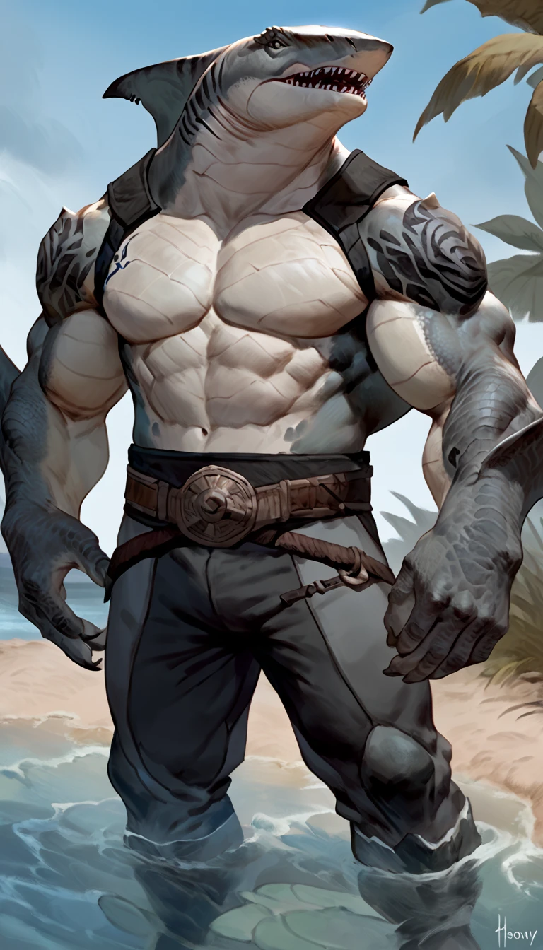 Sharkman, gray belly, black and blue hands and fins, black back - SeaArt AI