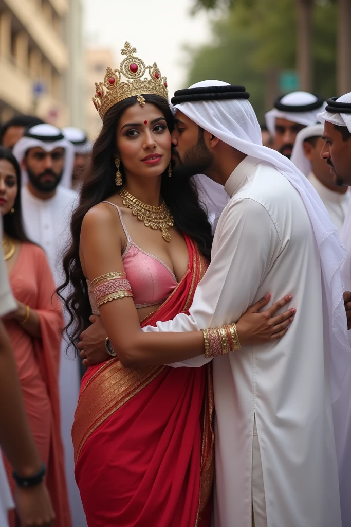 Fair hindu devi in crown with pink bra and red saree and crown with two Arabian - SeaArt AI