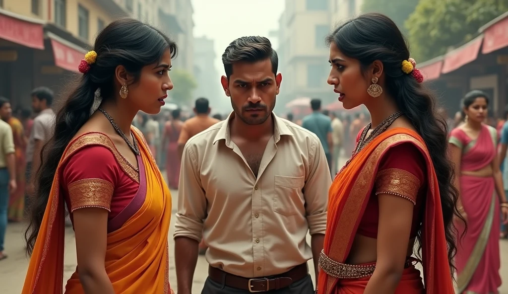 Two women dressed in Indian clothes are talking angrily to a man ...