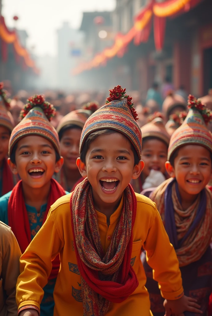 Nepali boys wearing dhaka topi with joyful in mass - SeaArt AI
