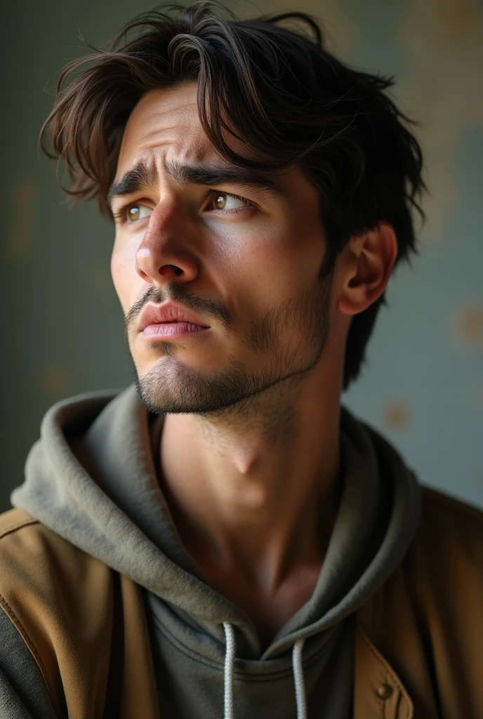 A poor man 30 years old with handsome looks looking bit worried - SeaArt AI