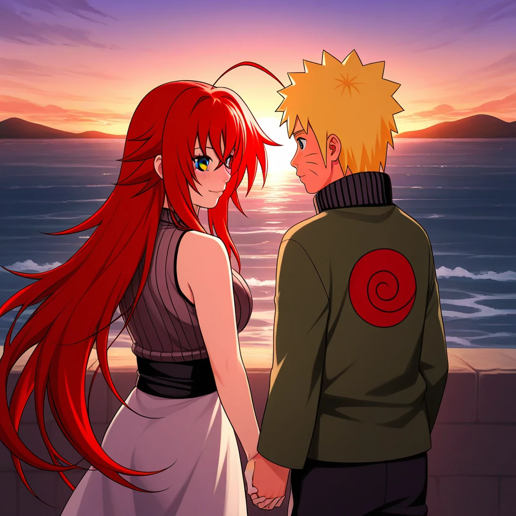 Naruto Uzumaki , Rias Gremory , playa , holding hands , sunset - SeaArt AI