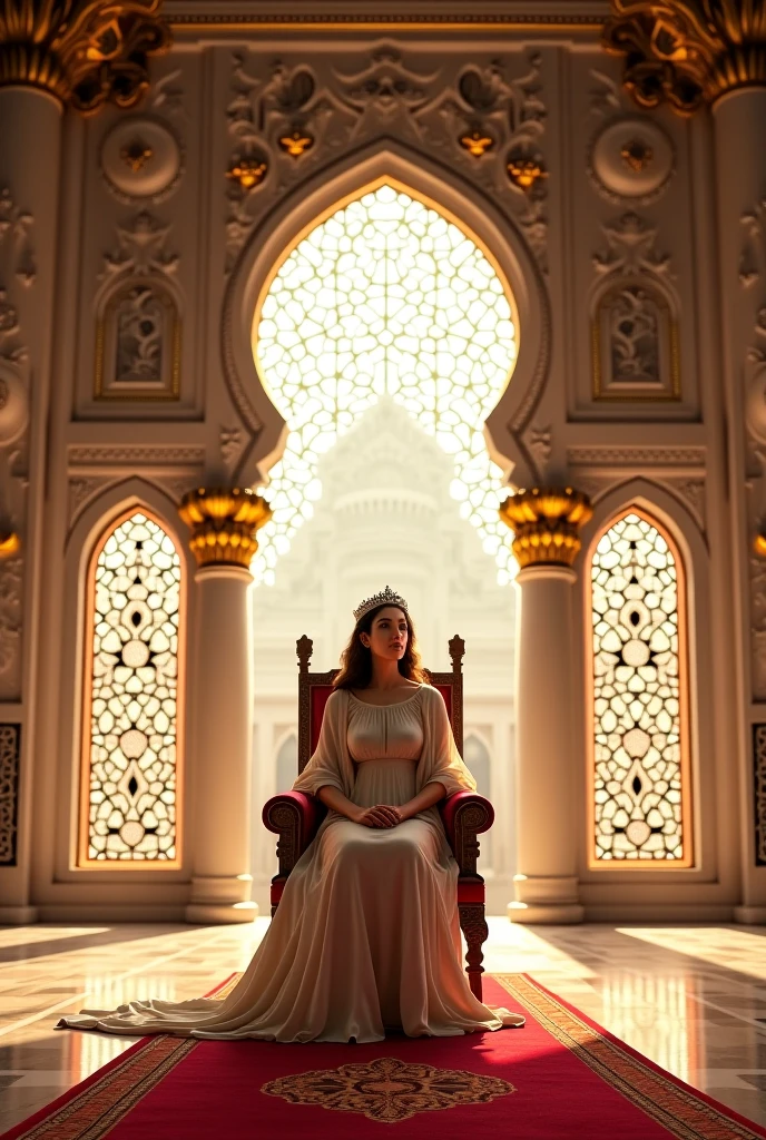 Prompt: A majestic Islamic palace interior with intricate carvings and ...