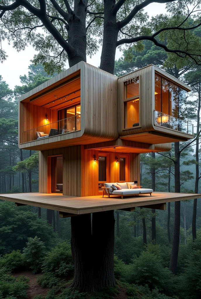 A tree house with an avant-garde design , built mainly of wood - SeaArt AI