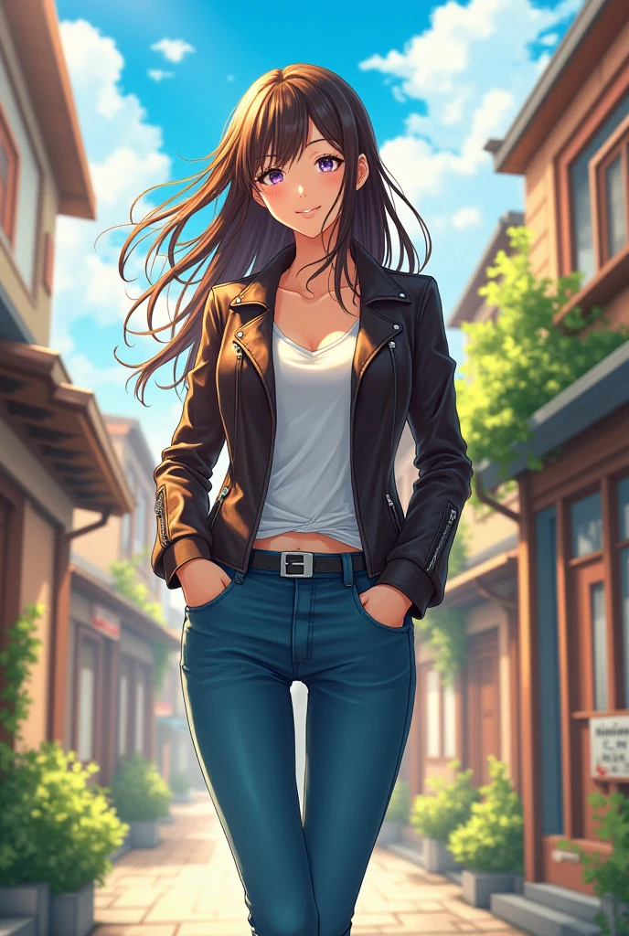 Sunshine day, Japanese anime woman, jean pant, leather jacket - SeaArt AI