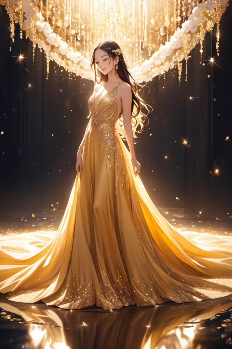 A beautiful woman wearing a radiant yellow long frock that sparkles and ...