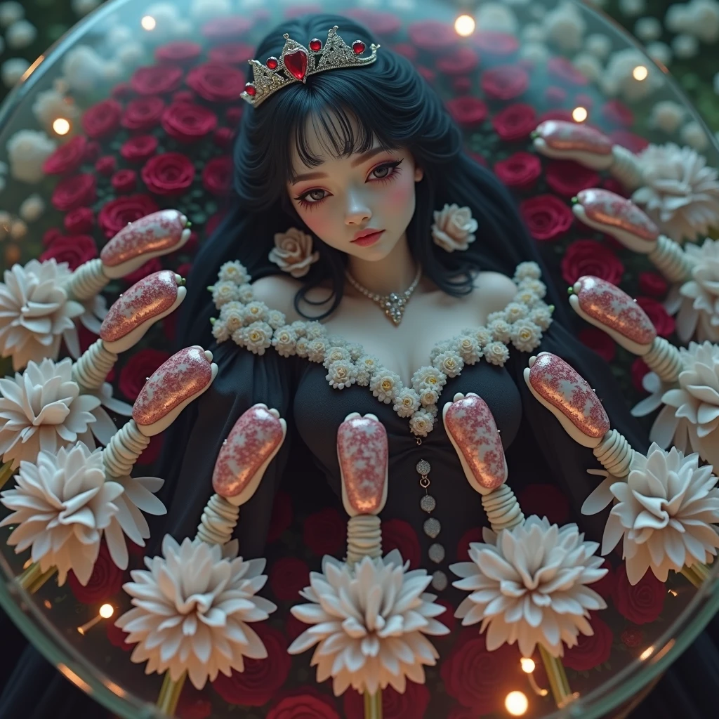 Tiny Vampire Empress Lying Down in a Glass coffin that filled with colorful flow - SeaArt AI