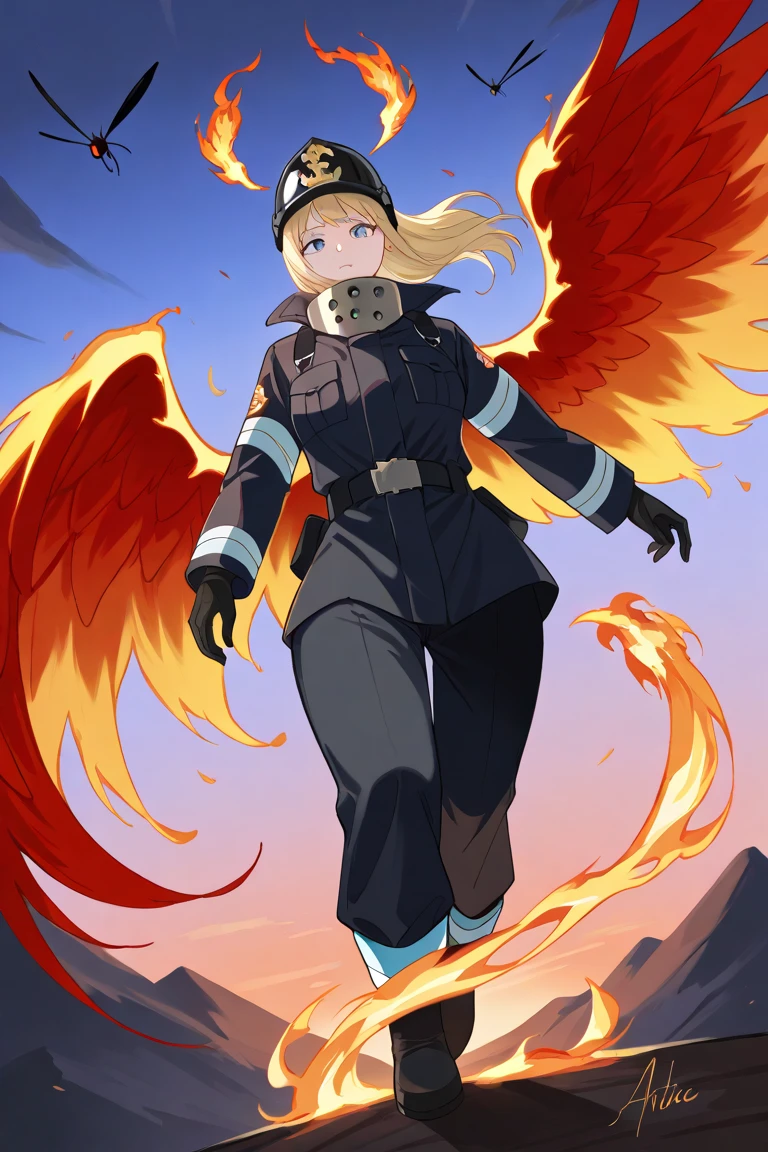 blonde woman , blue eyes , straight hair , adult, аниме Flaming Fire Brigade - SeaArt AI