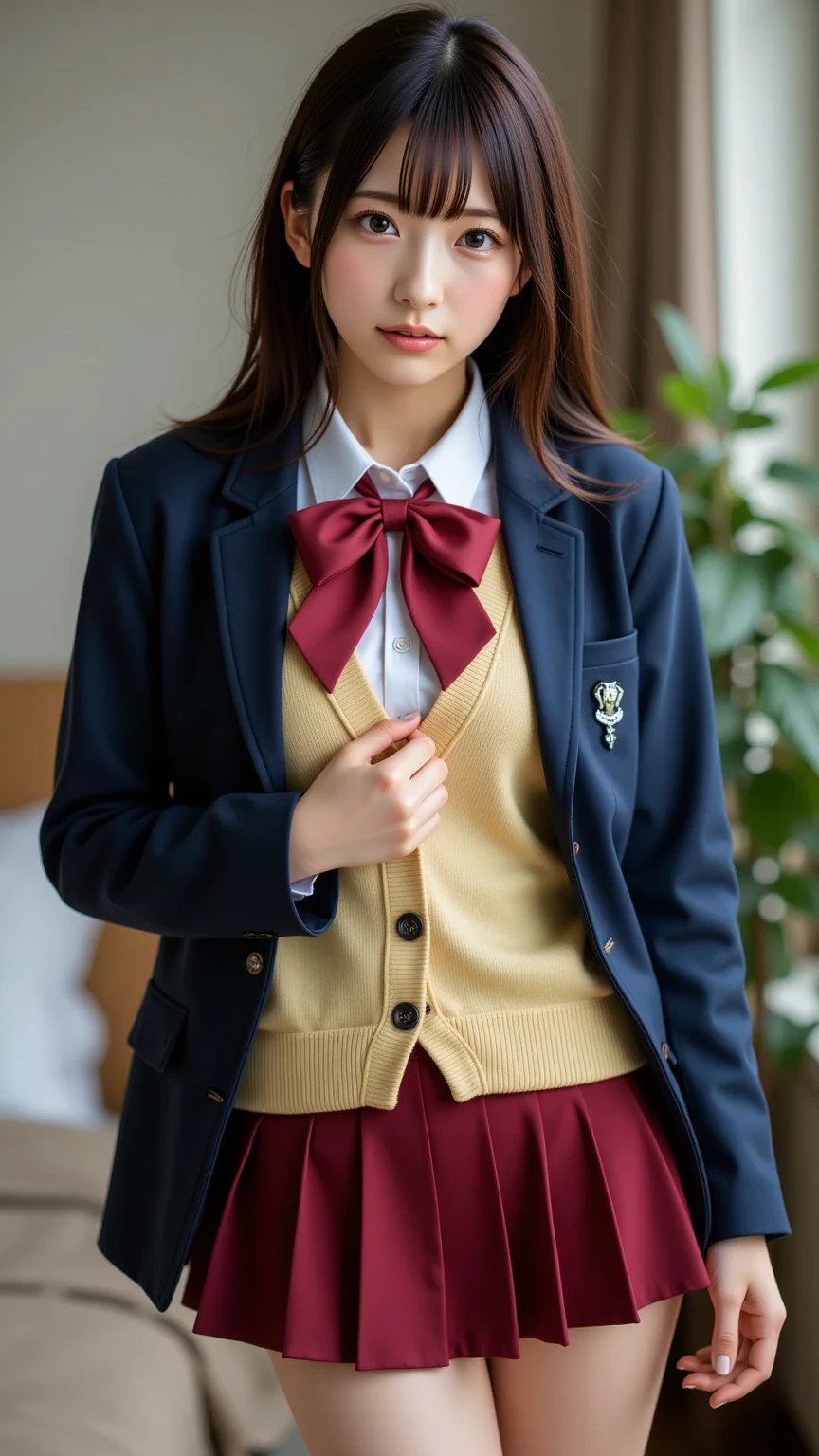 A sensual depiction of a young woman in layered school uniform - SeaArt AI