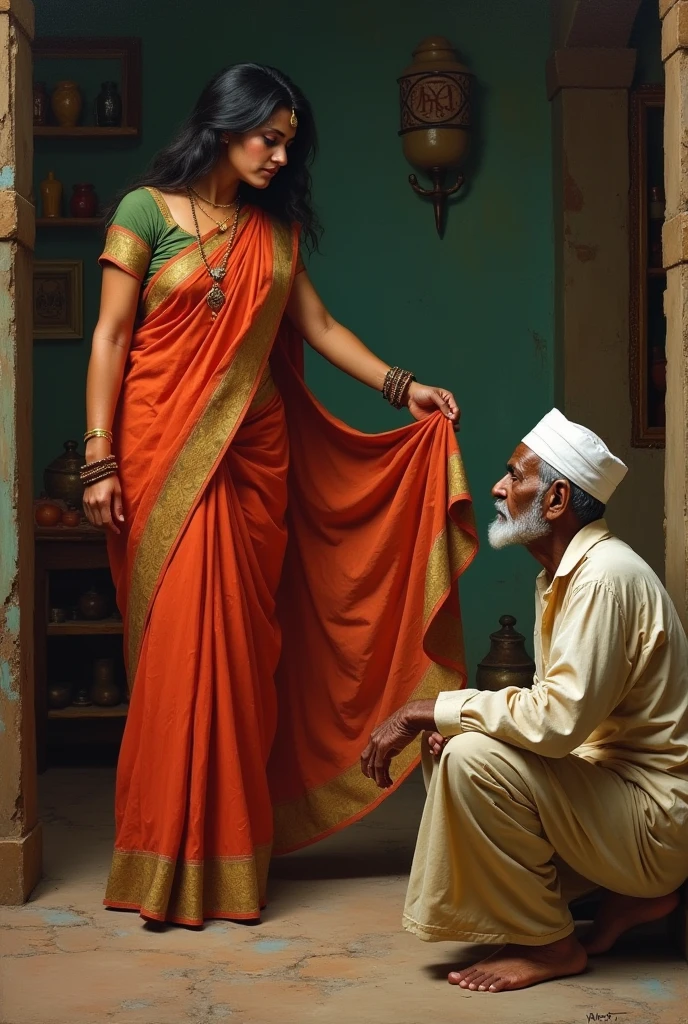 A young married hindu housewife, standing with her saree lifted till ...