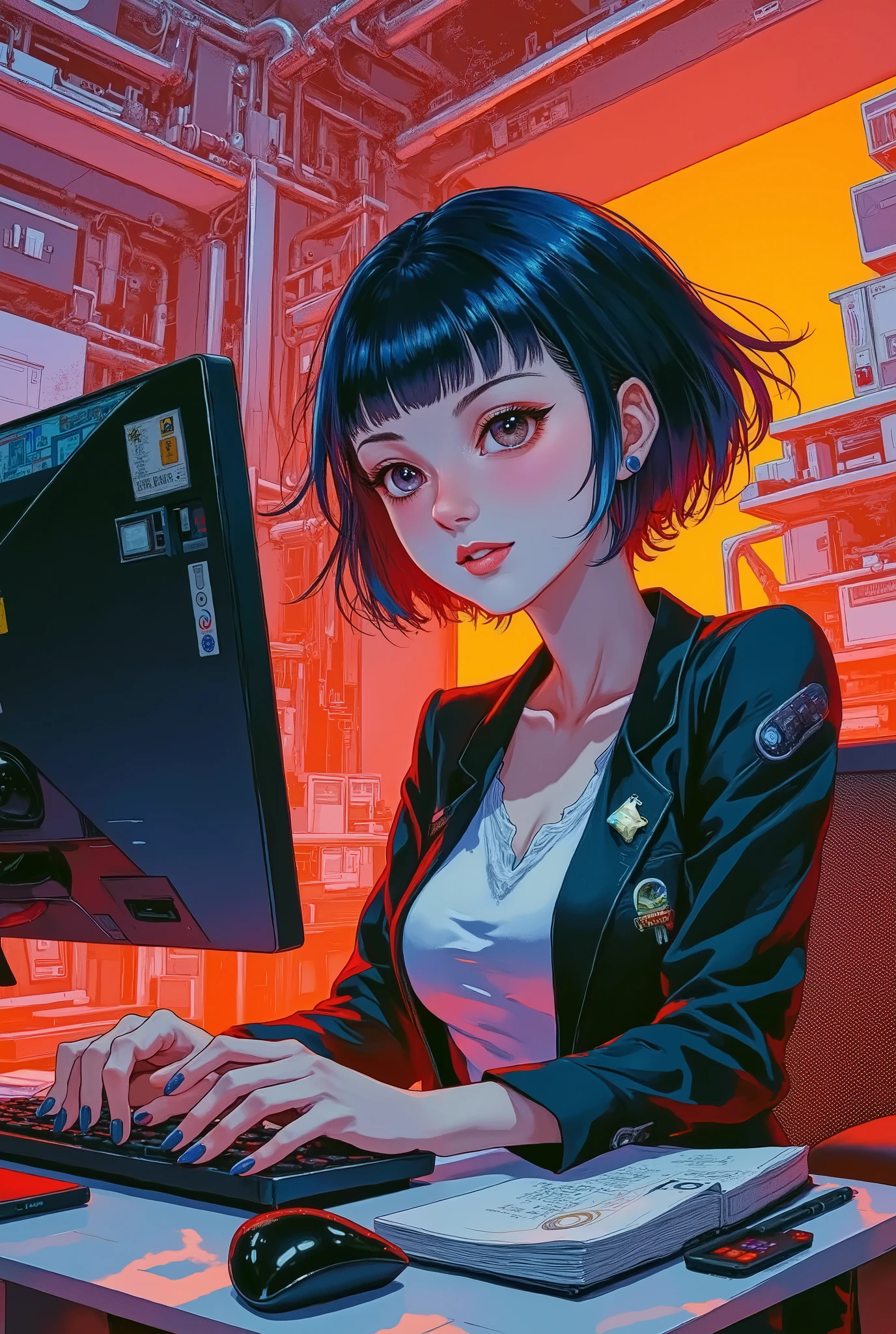 Anime girl sitting at a desk with a computer and keyboard - SeaArt AI