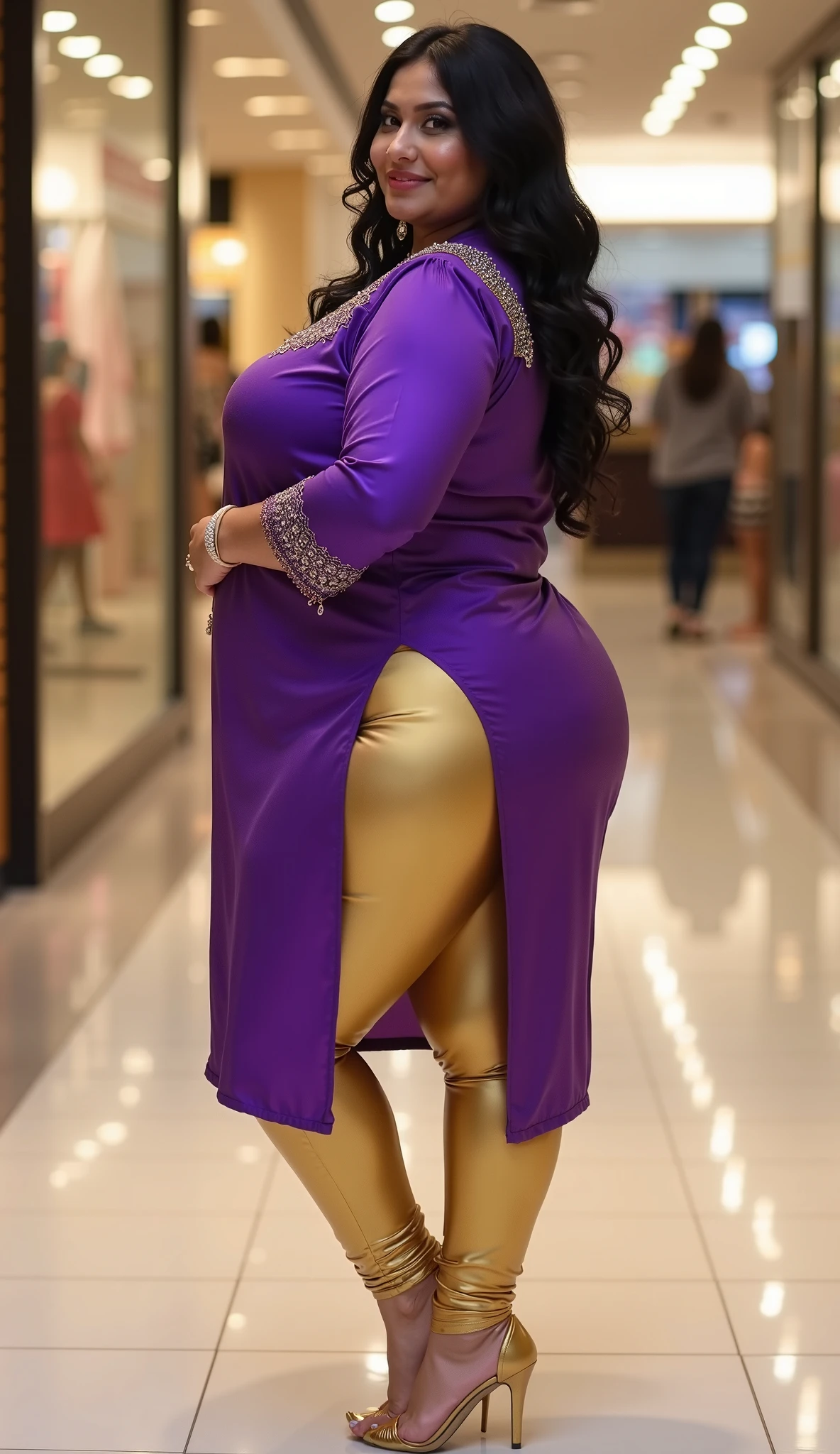 Araffe woman in a purple dress and gold pants posing for a picture ...