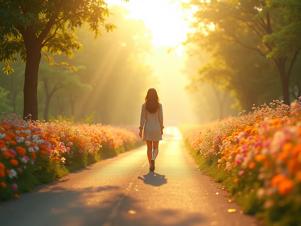 A person walking confidently on a bright, open road surrounded by ...