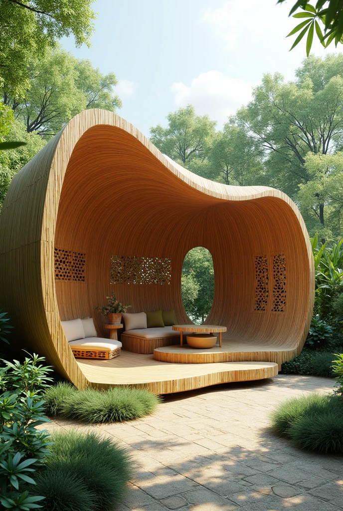 Bamboo pavilion, shape like centella asiatica, have 2 space - SeaArt AI