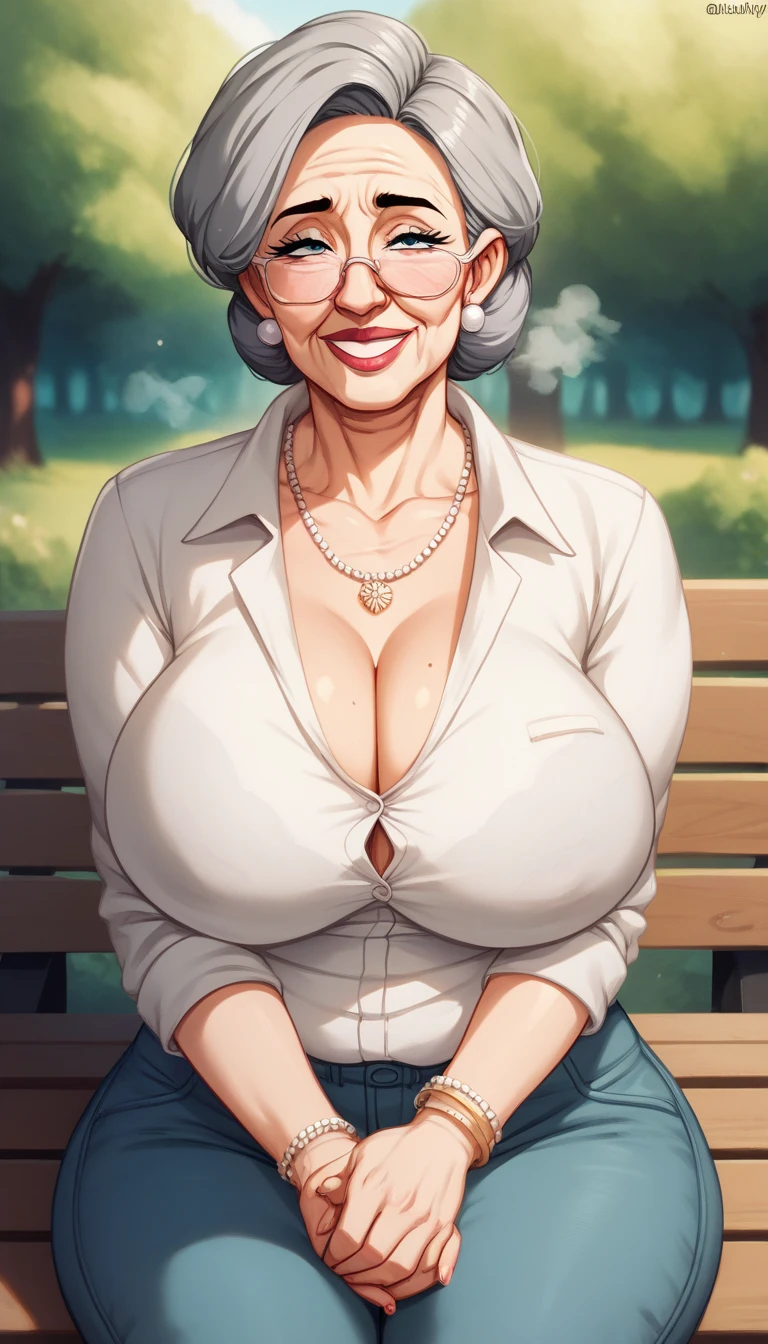 POV front view, forest park bench, mature gilf woman, grey hair - SeaArt AI