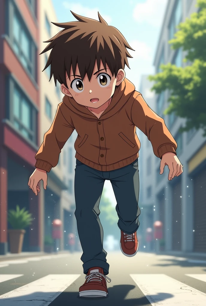 Rui, a , brown-haired boy gets pushed, almost falling, but he keeps his ...