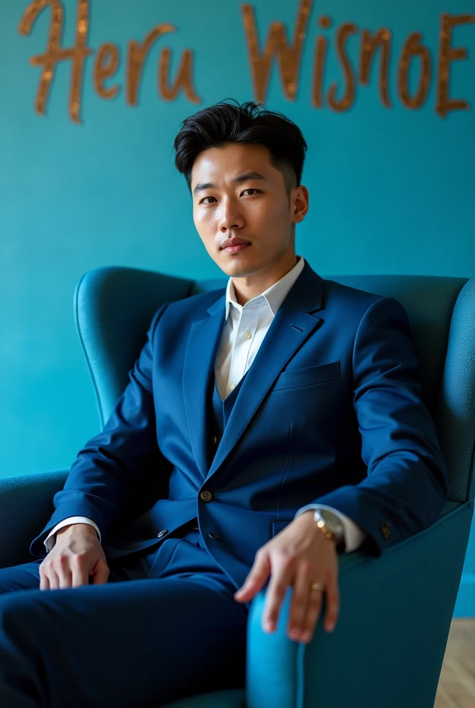 Photo of saucy korean guy again sitting in a blue suit chair and there ...