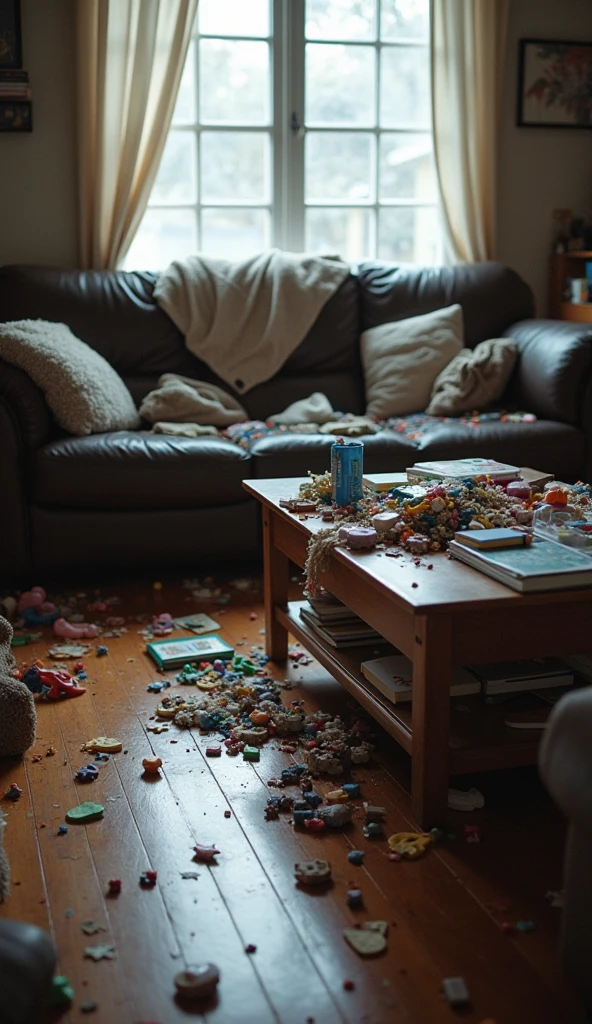 A cluttered living room with a wooden floor, scattered toys, books ...