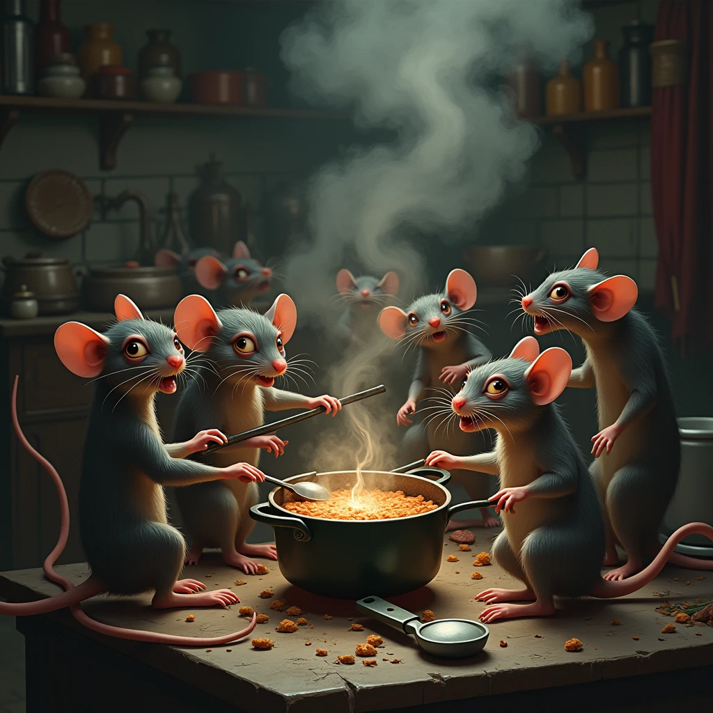 A mob of rats cooking up a meal in the kitchen - SeaArt AI