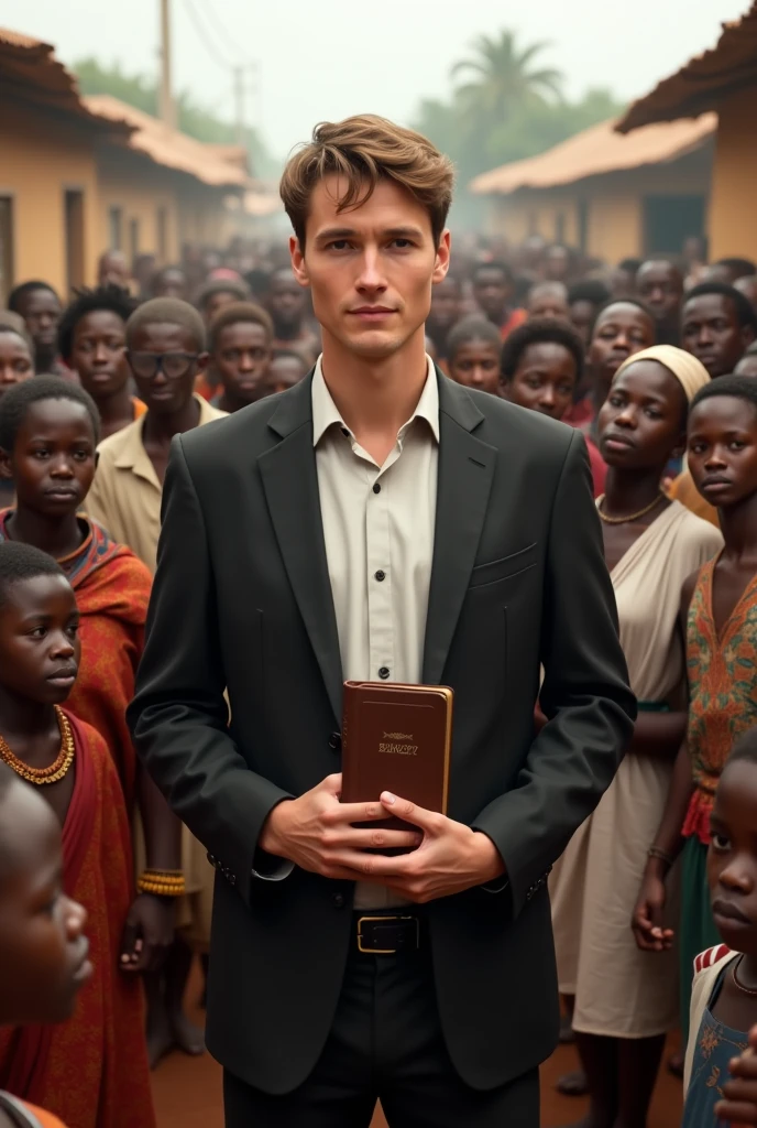 A white man (missionary) holding a Bible, surrounded by a crowded ...