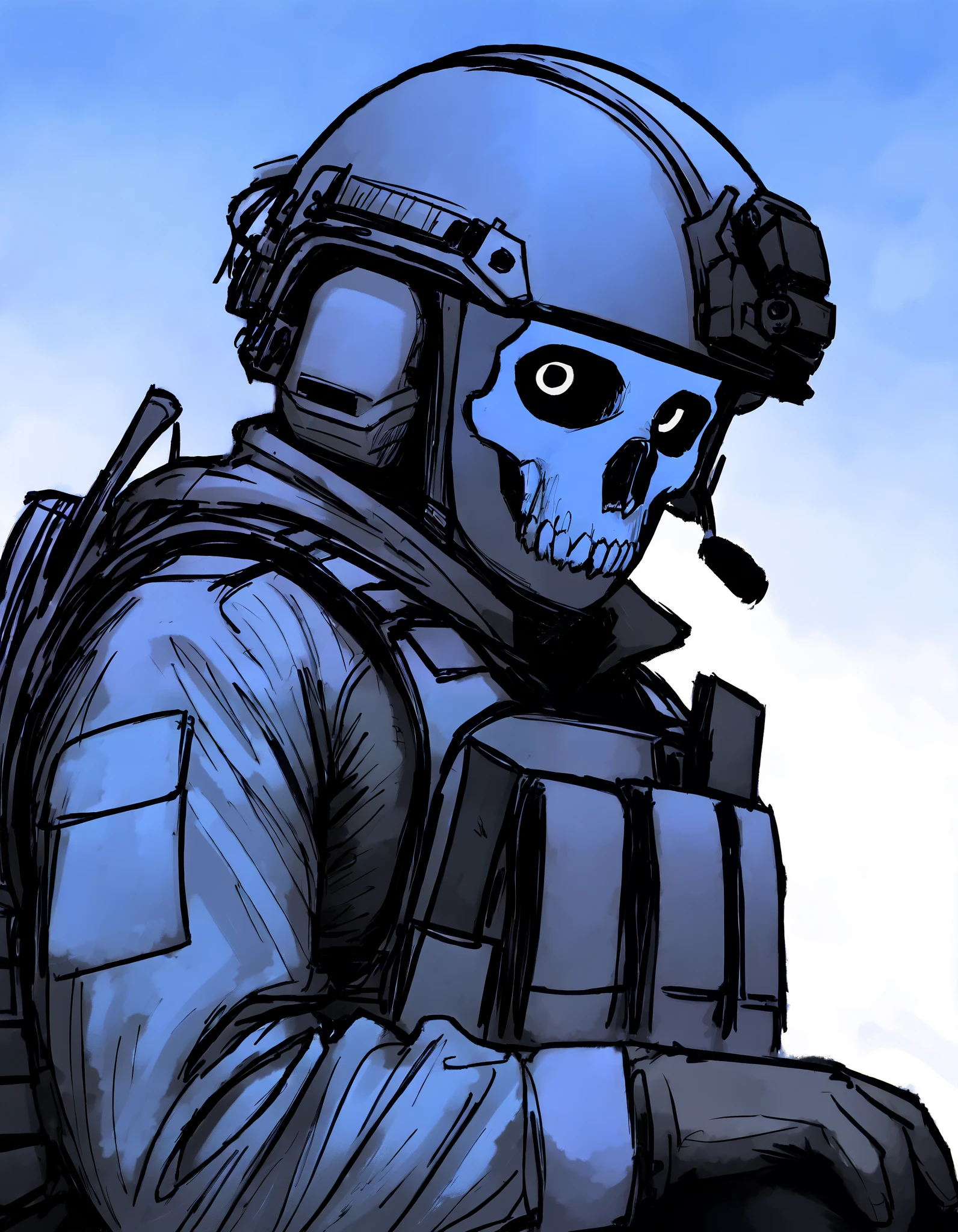 A drawing of a soldier with a skull face and a helmet - SeaArt AI