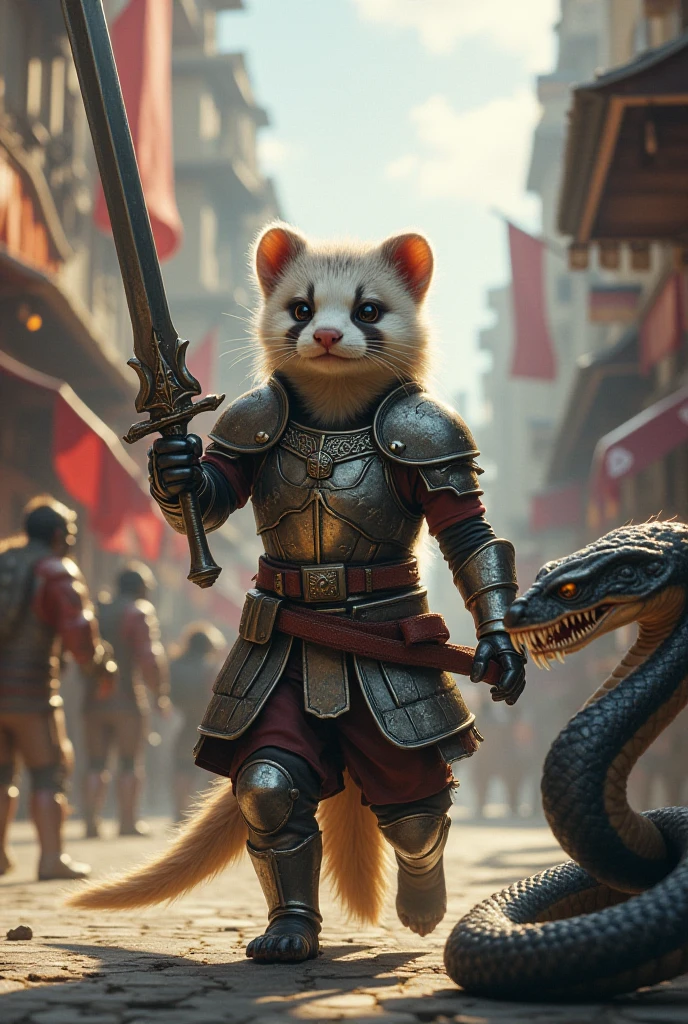 A ferret walks through the city, a fierce warrior dressed as a warrior ...