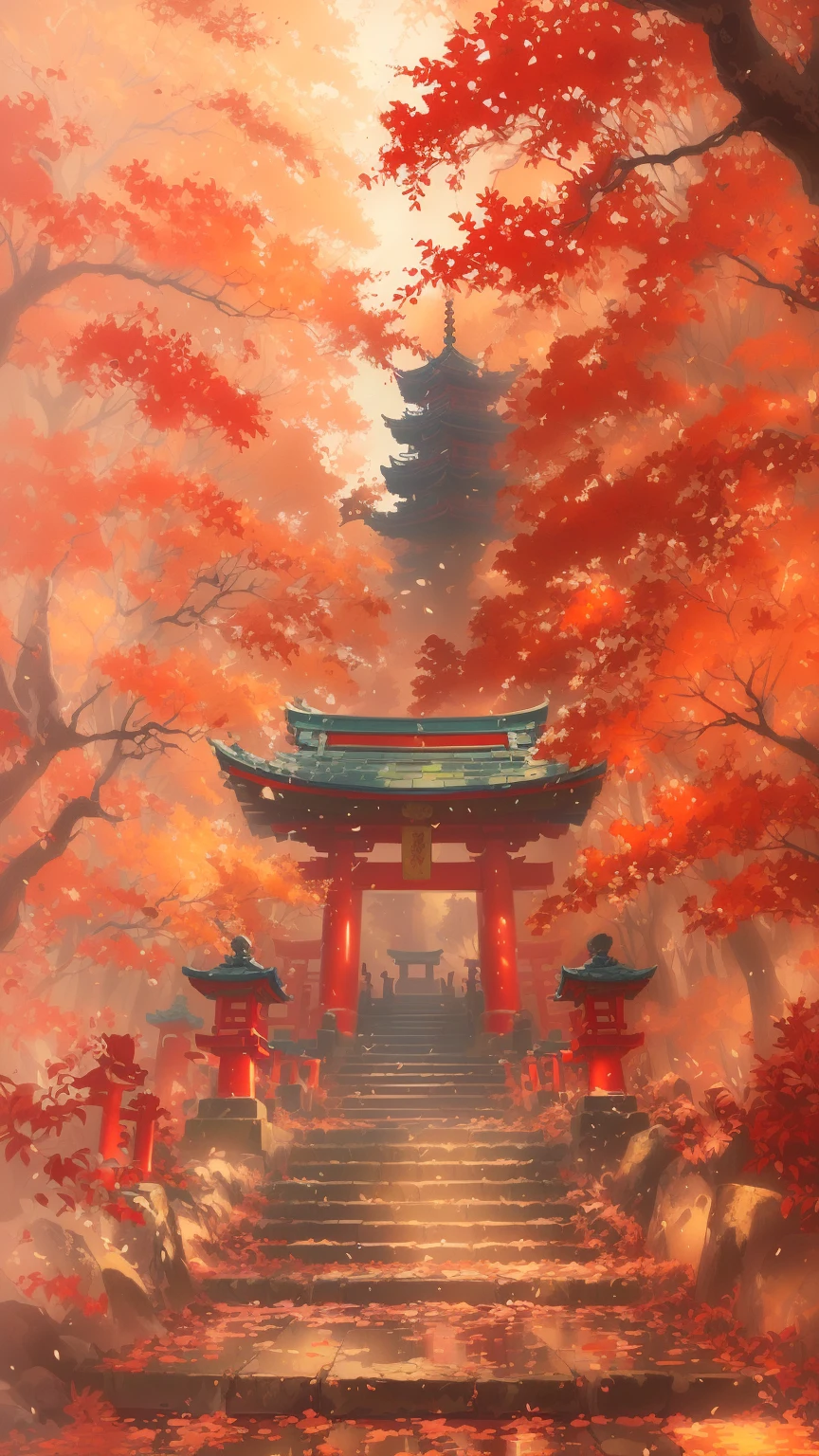 A painting of a japanese temple surrounded by trees and leaves - SeaArt AI